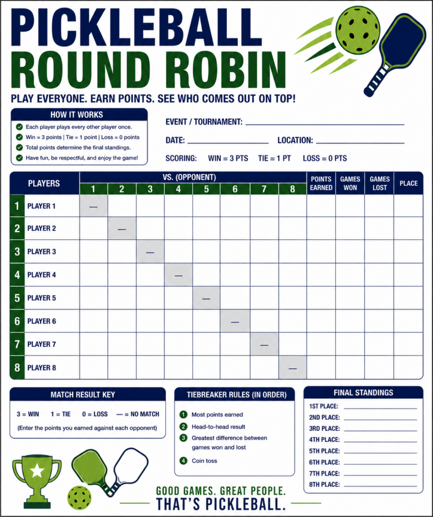 Free Pickleball Round Robin Printable PDF - 8 Players 12 Players